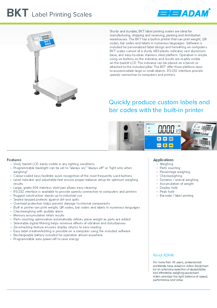 Adam Equipment BKT Label Printing Scales